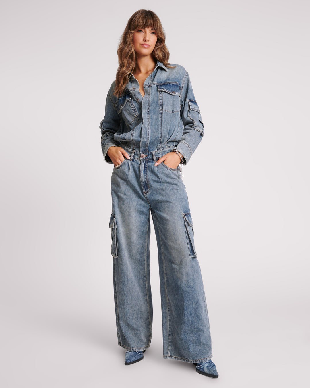 Cargo Trucker Denim Overalls - Blue Blossom | One Teaspoon USA